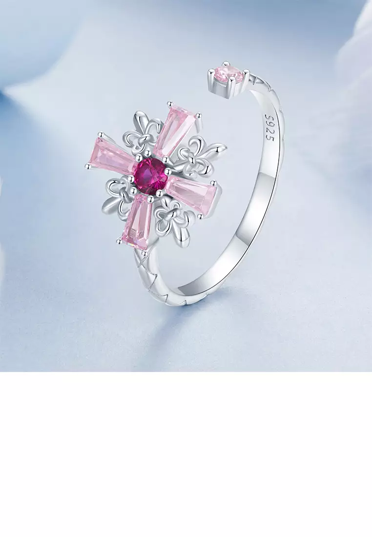 Mooclife 925 Sterling Silver Fashion Pink Iris Cross Adjustable Open Ring with Cubic Zirconia ...