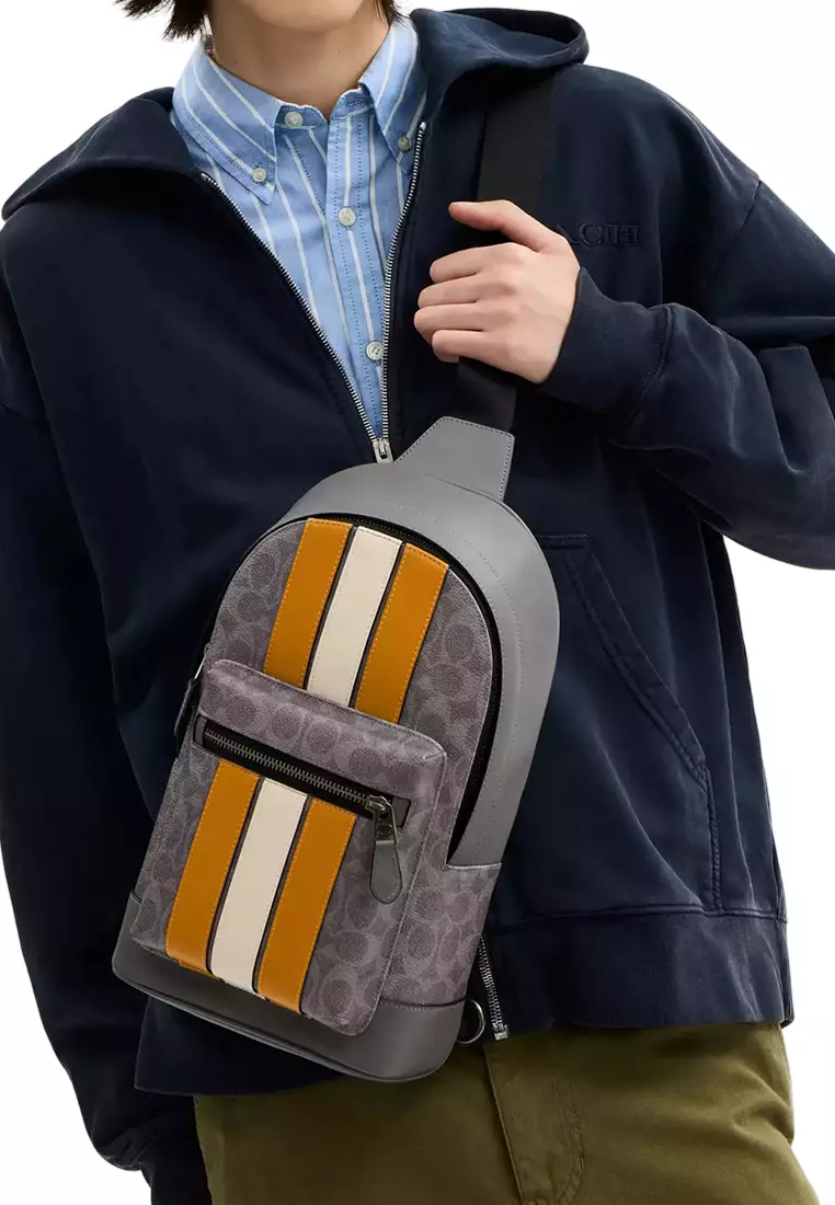 Coach West Pack Bag In Signature Canvas With Varsity Stripe Bag - Grey ...