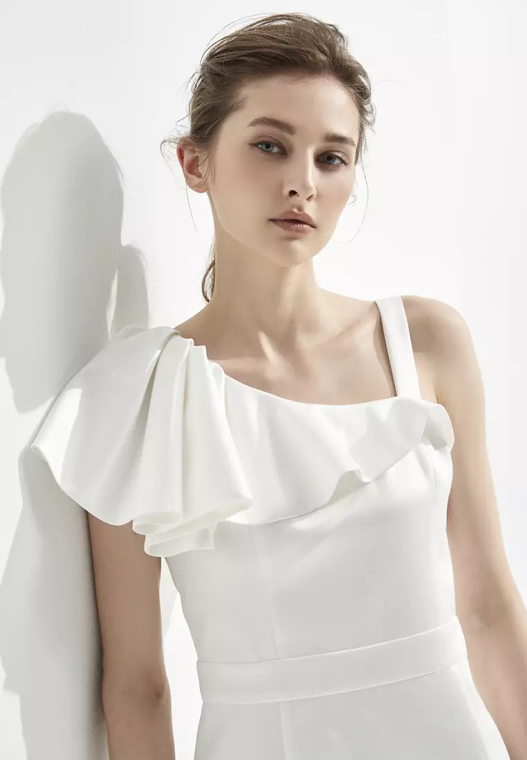 Buy iROO Asymmetric Flounce Neckline Short Dress 2025 Online | ZALORA