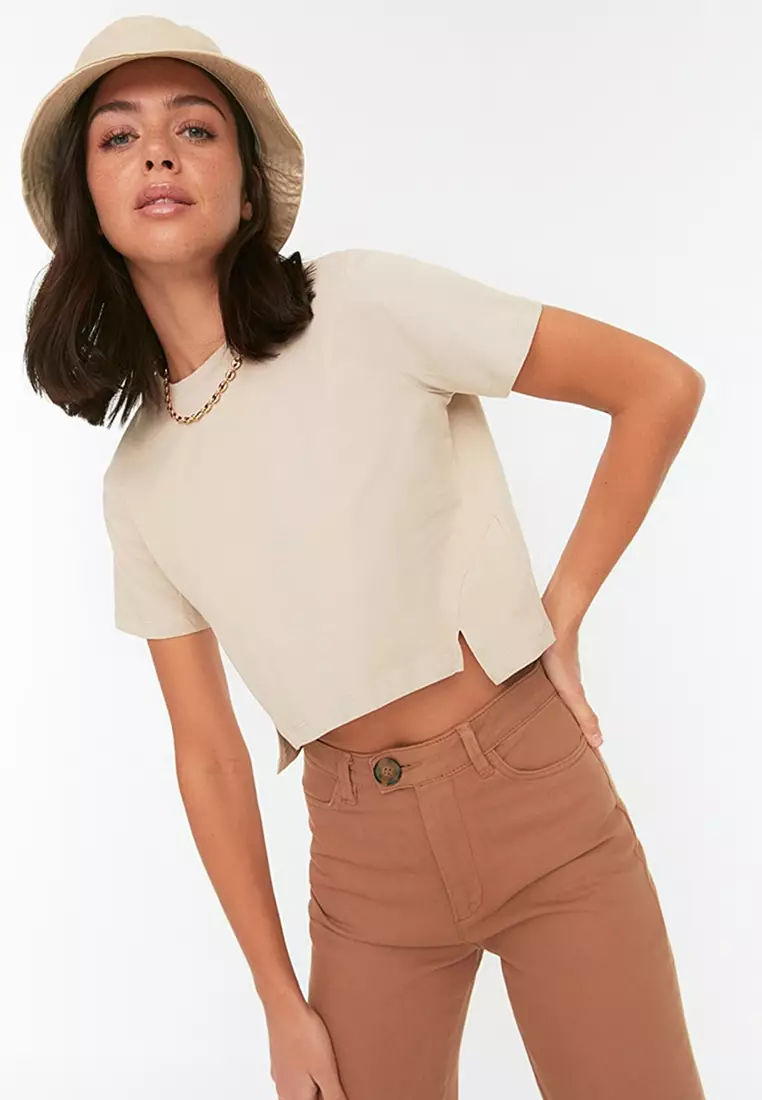 Buy Trendyol Slits Hem Knitted Crop T-Shirt Online | ZALORA Malaysia
