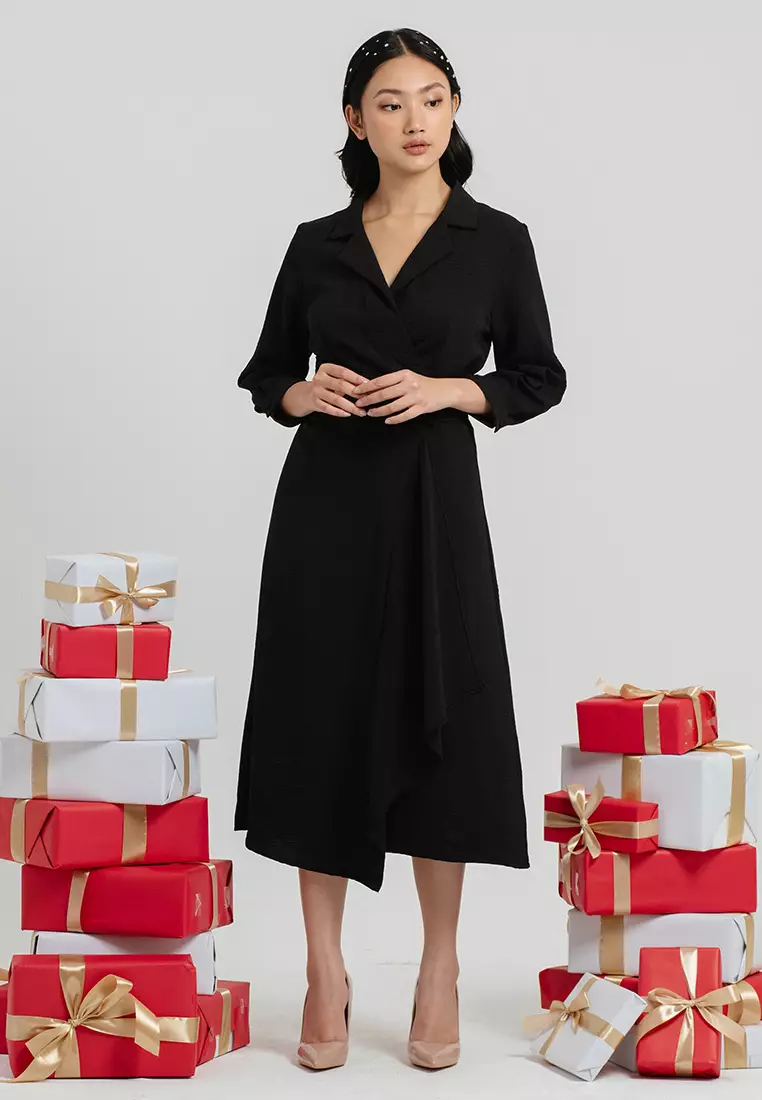 Jual Cloth Inc Overlap Drapery Midi Dress in Black Original 2025 ...