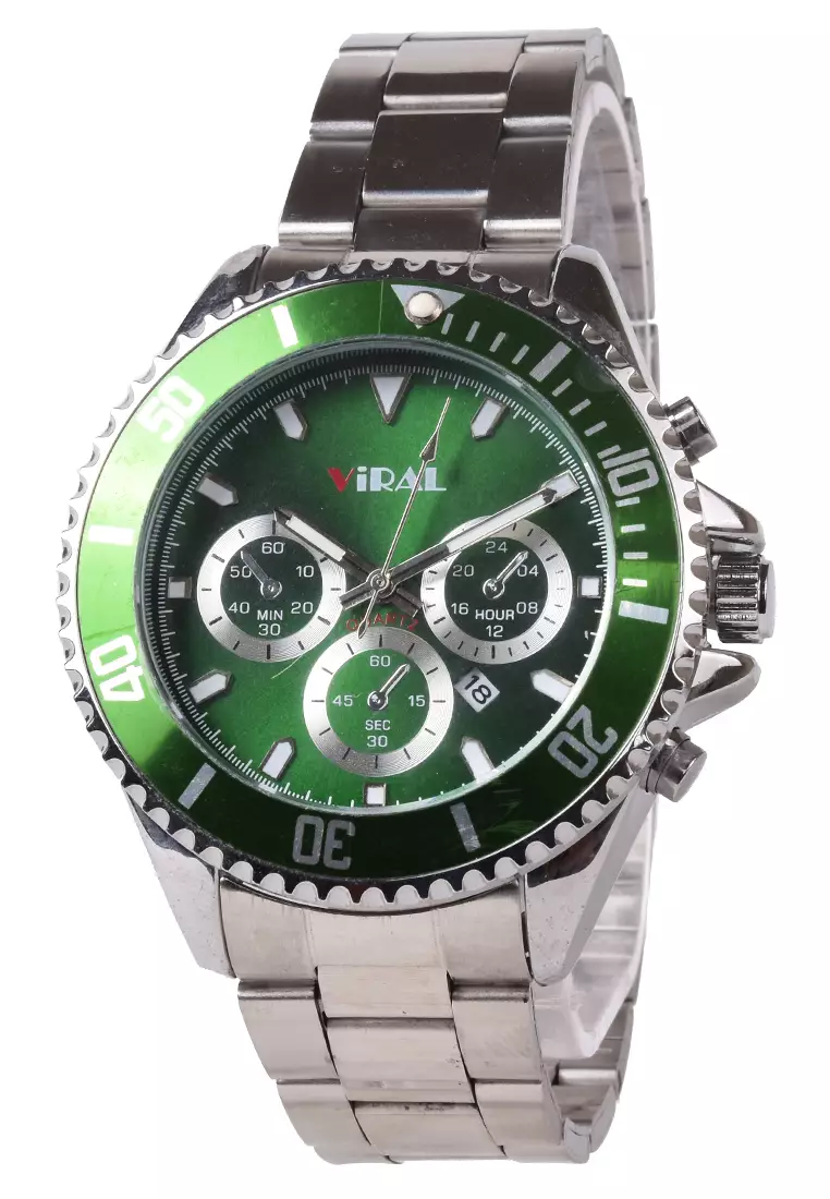 Jual Viral Viral Jam Tangan Analog Pria - Silver Green Zinc Alloy Case ...