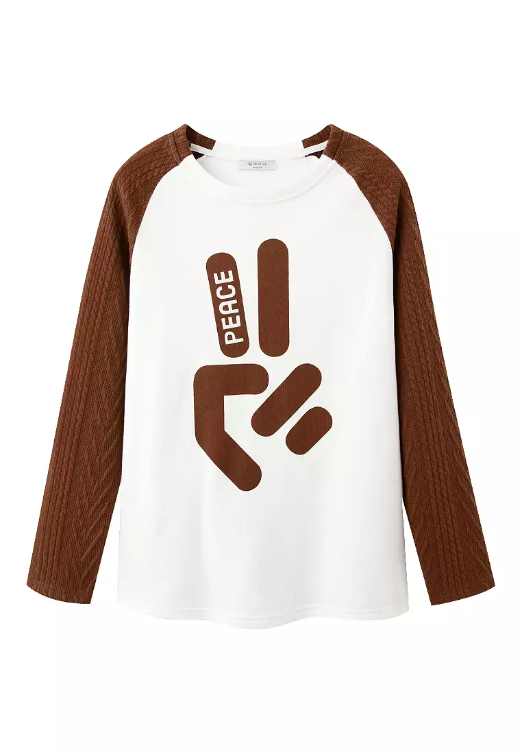 Buy OBSTYLE Textured Raglan Sleeve Printed Long Sleeve Top [AB19207 ...