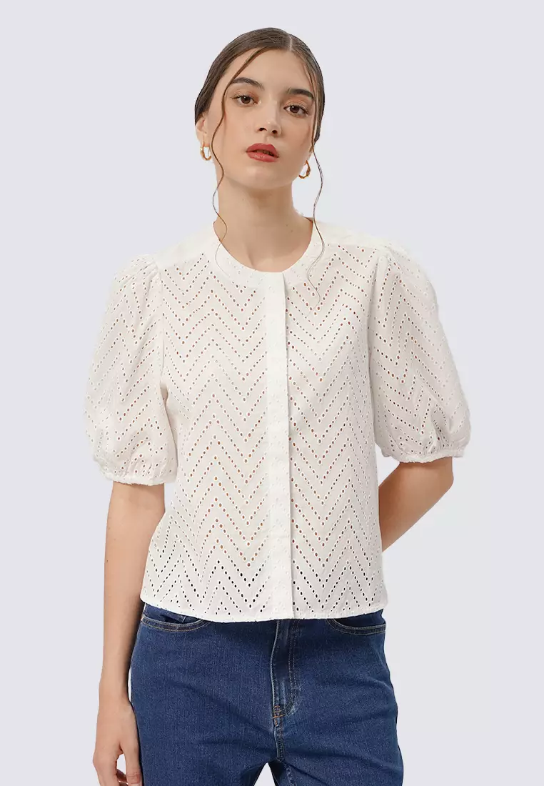 Jual et cetera Balloon Sleeves Eyelet Blouse OFF WHITE Original 2025 | ZALORA Indonesia