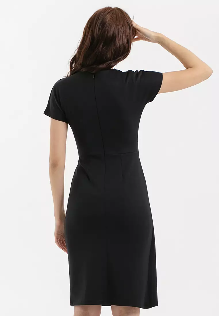 Jual Cloth Inc Pleated Overlap Scuba Dress in Black Original 2025 ...