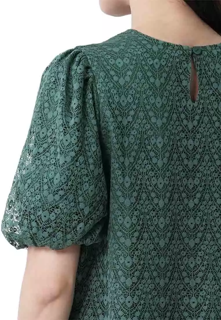Buy NE Double S Lace Fabric Round Neckline Short Puff Sleeve Blouse ...