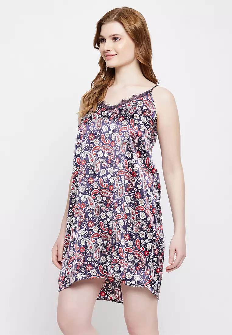 Buy Clovia Clovia Paisley Print Short Night Dress & Robe Set in Navy ...