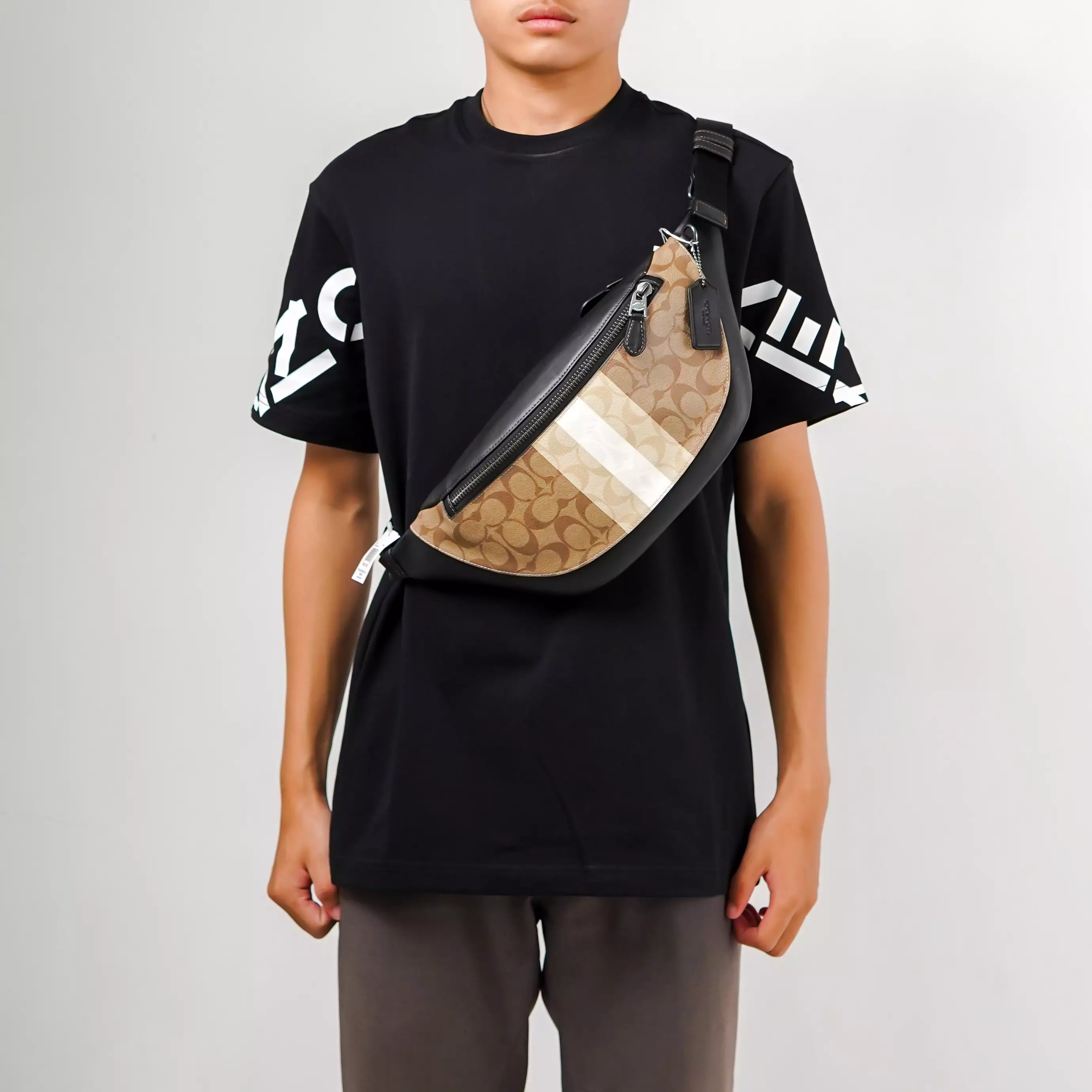 Jual Coach Tas COACH MONOGRAM BROWN STRIPE BEIGE WAIST BAG 100% ...