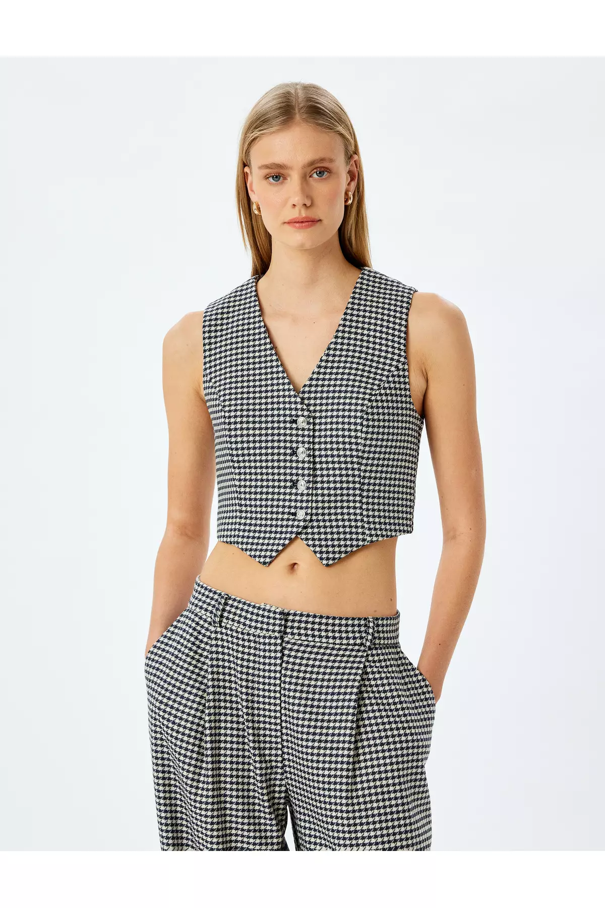 Buy KOTON V-Neck Buttoned Gingham Crop Vest 2025 Online | ZALORA