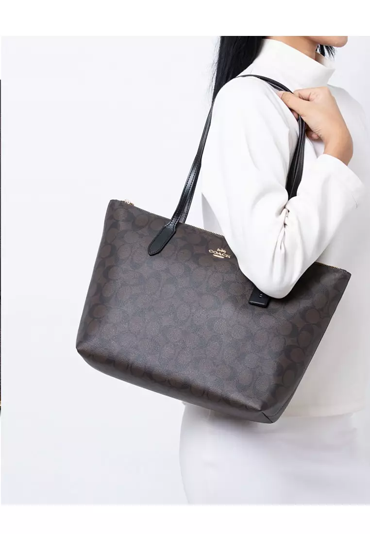 Coach Zip Top Tote Bag In Signature Canvas - Walnut/Black 2025 | Buy ...