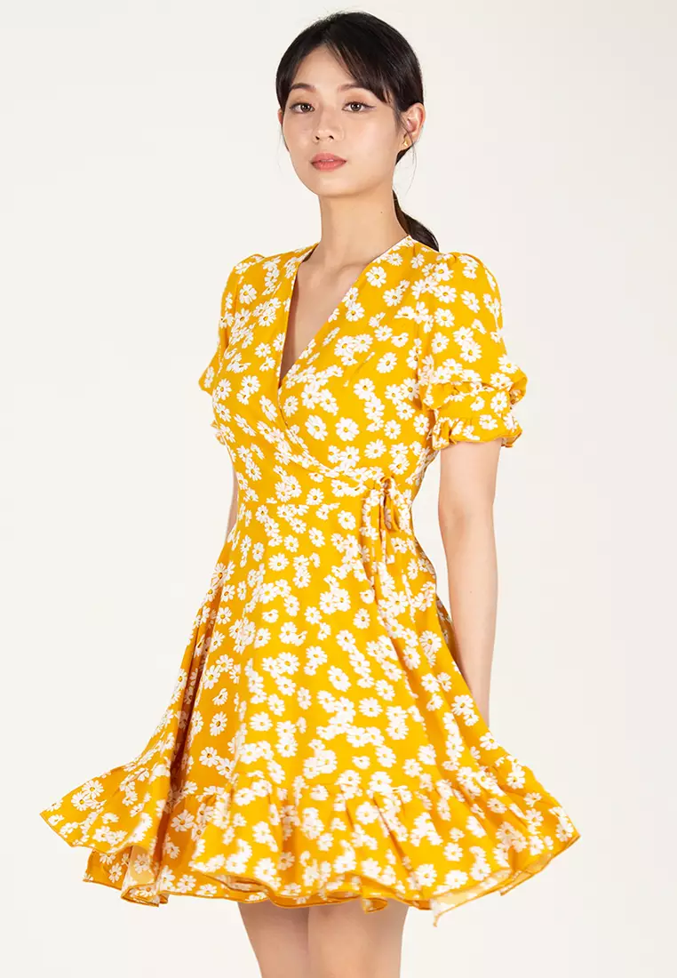 Buy Plain B. Plain B. Floral V-Neck Wrap Mini Dinner Dress Yellow ...