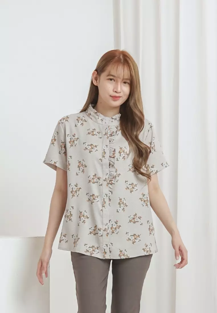 Jual FAME FAME - Blouse Wanita Lengan Pendek Print Floral Light Grey ...