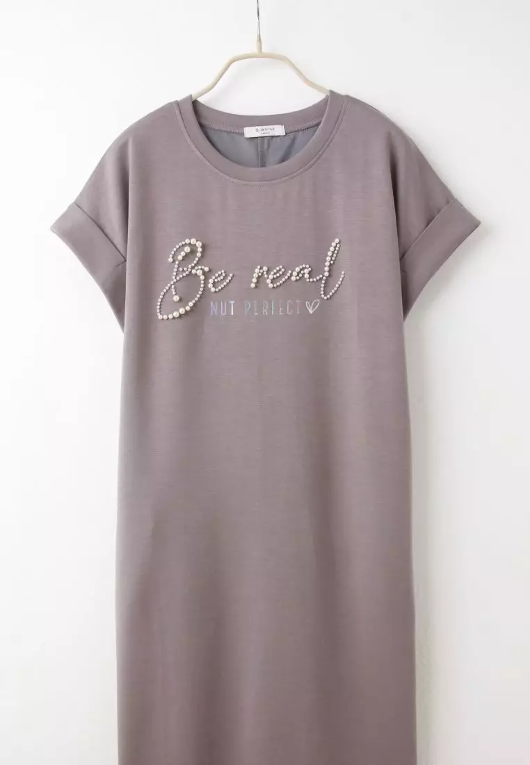 Buy OBSTYLE 3D Beaded Lettering Back-Slit T-Shirt Dress in Air Cotton ...