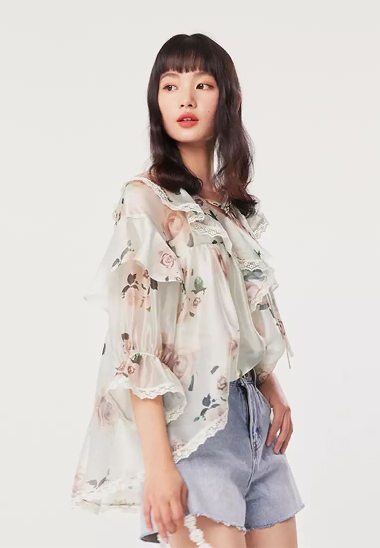 Buy Hopeshow Ruffle Floral Chiffon Top 2024 Online | ZALORA