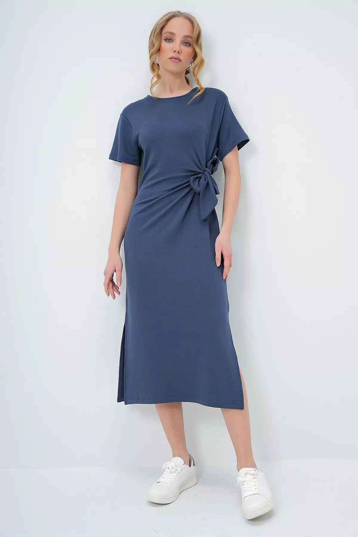 Buy Alacati Women's Indigo Crew Neck Waist Tie Detail Short Sleeve Slit ...