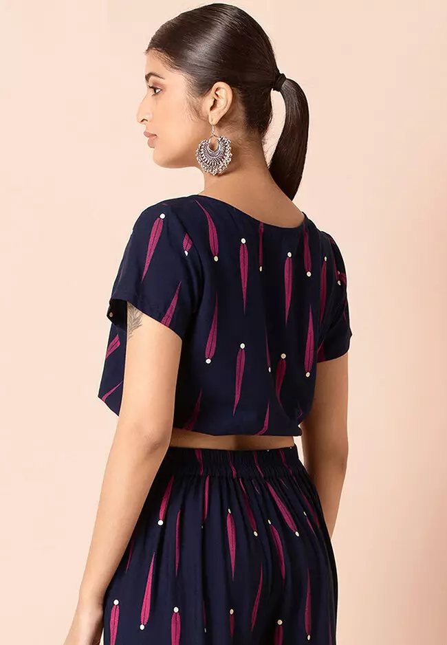 Buy Indya Navy Floral Drawstring Waist Crop Top 2025 Online | ZALORA