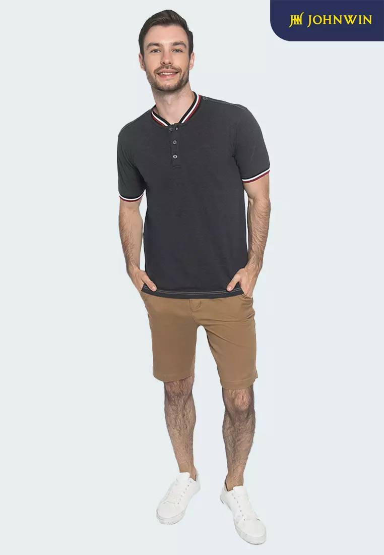 Jual Johnwin Johnwin - Kaos Casual - Kaos Lengan Pendek - Kerah Shanghai - Hitam - Free Keychain ...