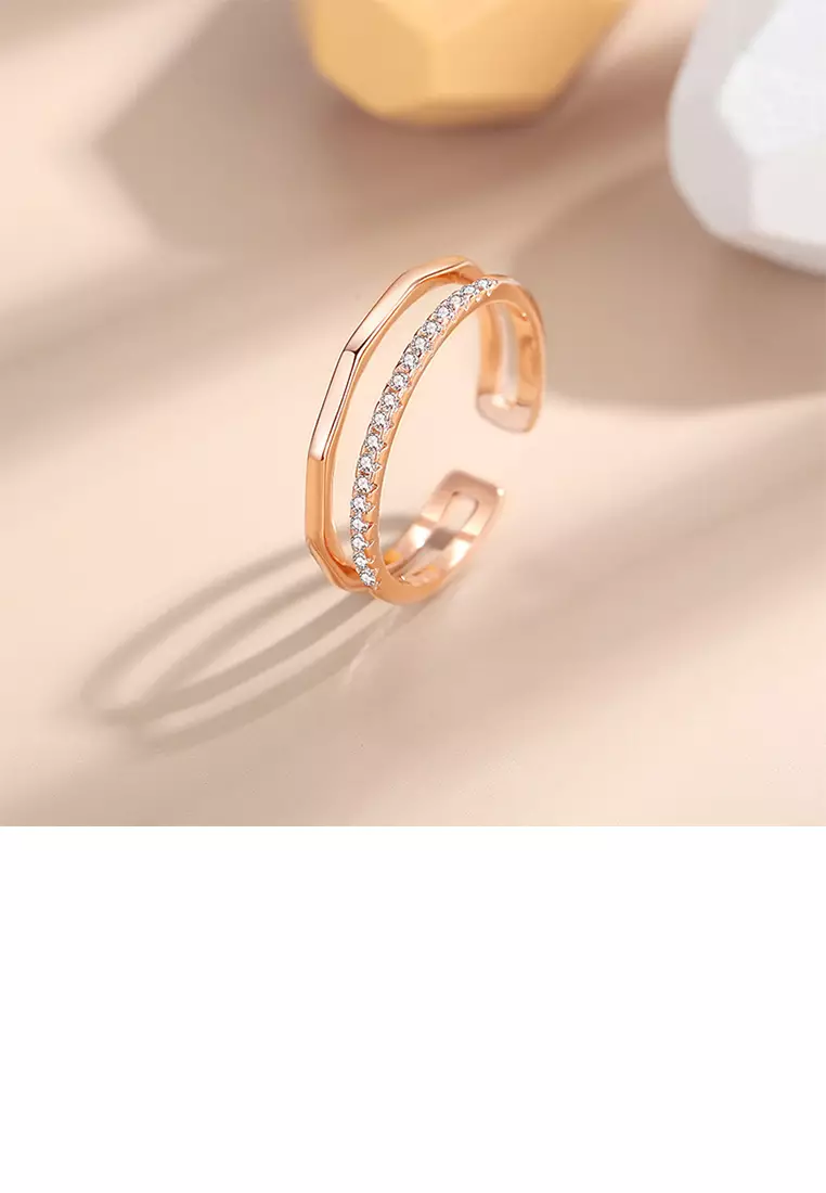 Zafiti 925 Sterling Silver Plated Rose Gold Simple Personality Double-layer Geometric Adjustable ...