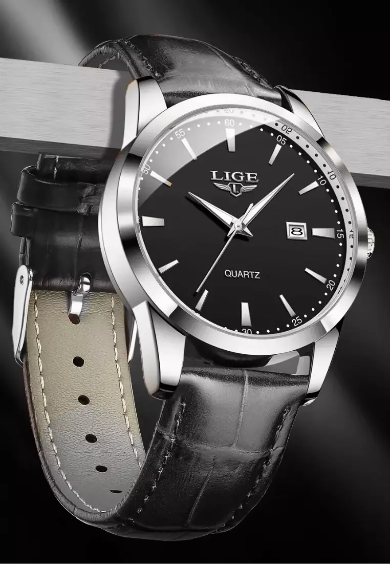 LIGE Unisex Classic Steel Quartz Watch with Date, Black dial, on Black ...