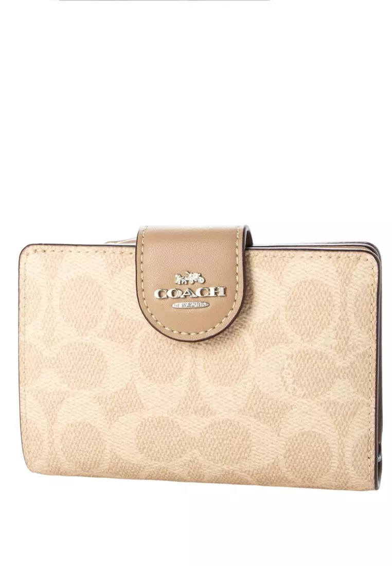 Buy COACH Medium Corner Zip Wallet In Signature Canvas - Sand Beige ...