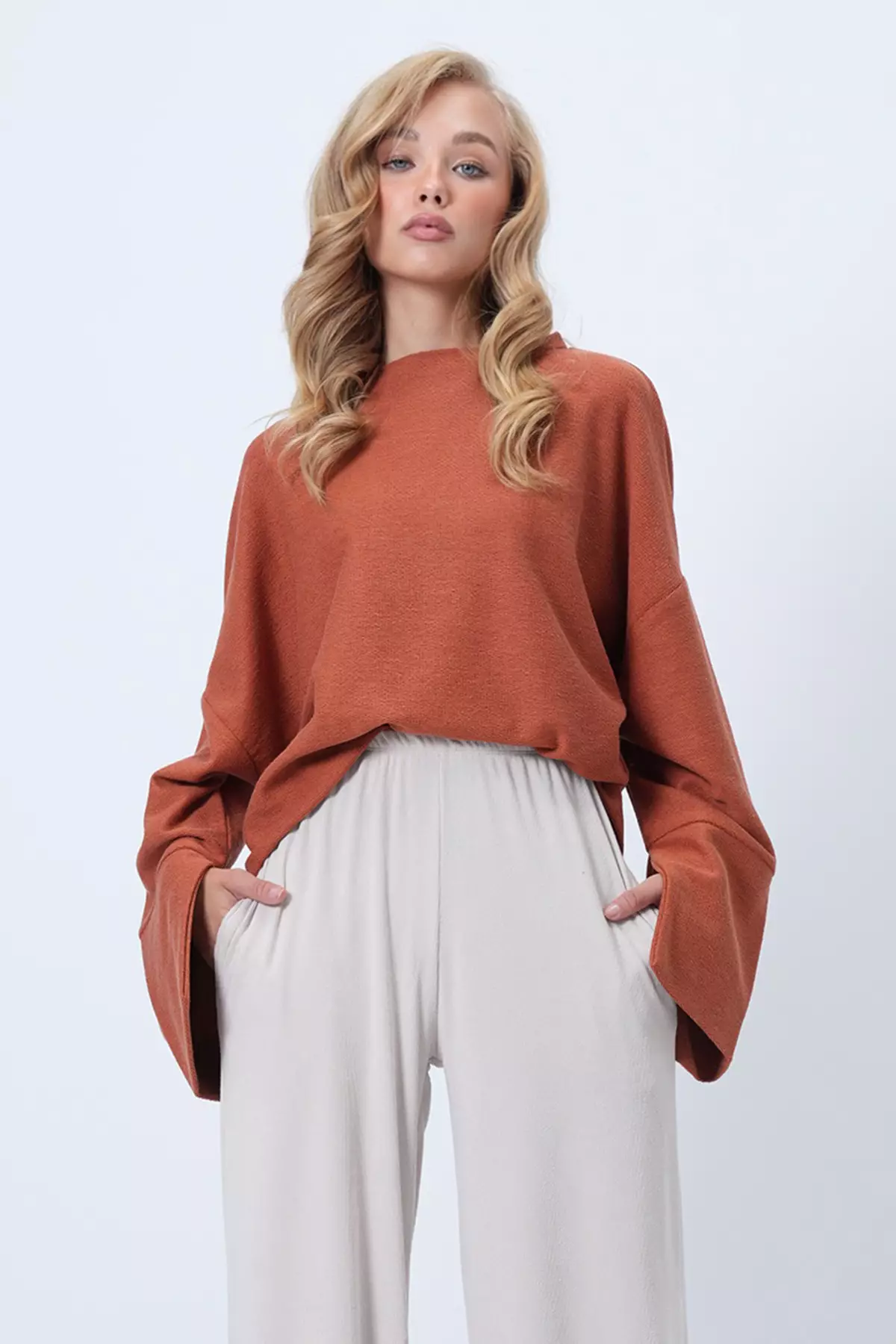 Buy Alacati Women's Tile Stand Collar Batwing Sleeve Cuff Slit Wide Cut ...