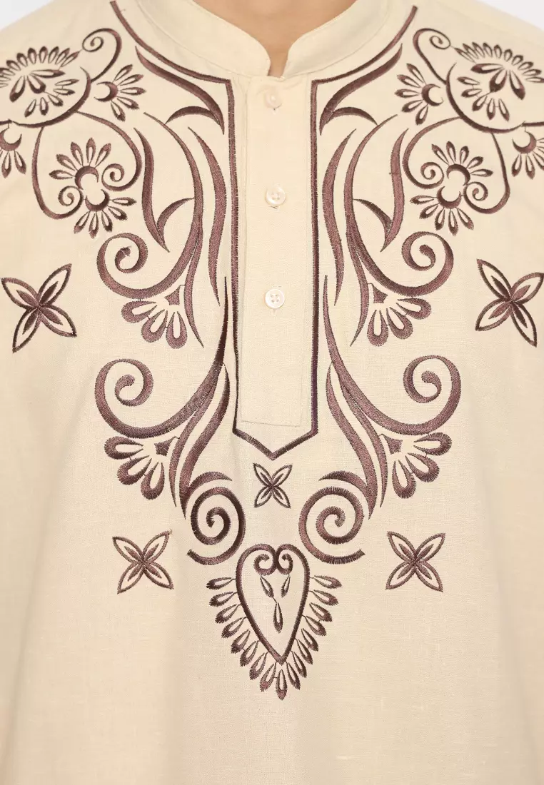 Jual Hassenda Koko Linen Border Pria Lengan Pendek Al-Karim Creme ...