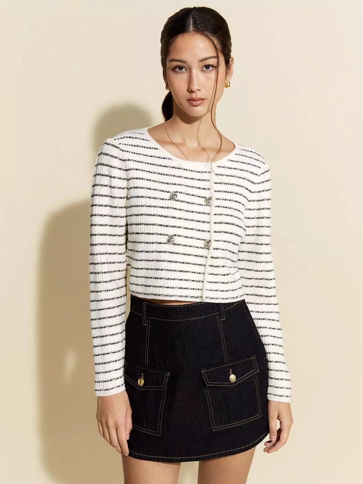 Jual POMELO FASHION Tweed Double-Breasted Stripe Cardigan - Multi Color ...