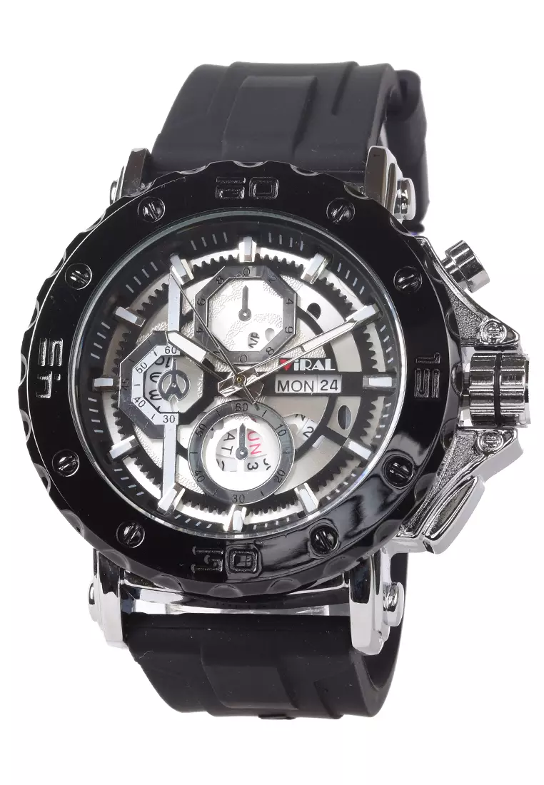 Jual Viral Viral Jam Tangan Analog Pria - Silver Case Black Rubber ...