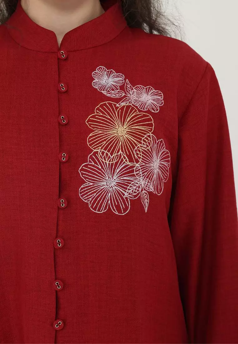 Jual Brilliant Girl Blouse Red Embroidery Linen Long Sleeve Arlette By ...