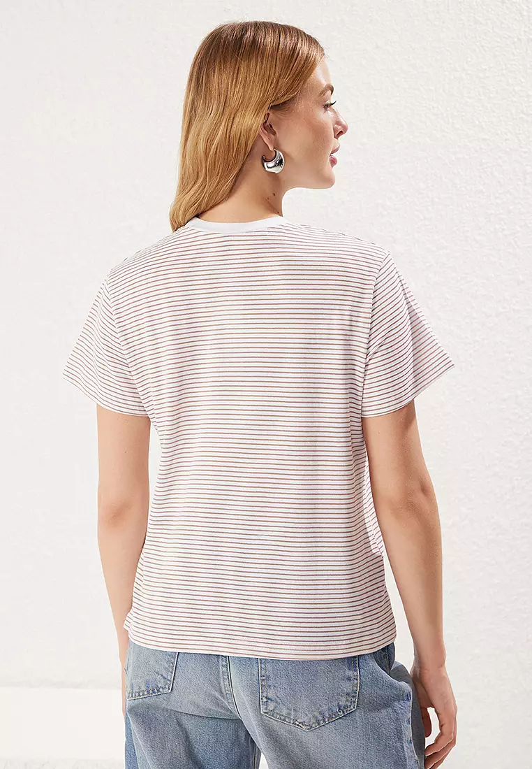 Buy Trendyol Mink Ecru Striped Basic Regular/Normal Pattern Crew Neck ...