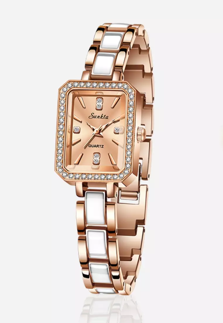 Buy LIGE SUNKTA White Ceramic Ladies Quartz Watch, 26x20mm, Crystal ...
