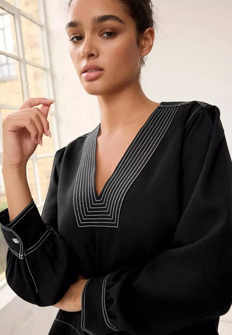NEXT V-Neck Contrast Stitch Long Sleeve Blouse 2025 | Buy NEXT Online ...