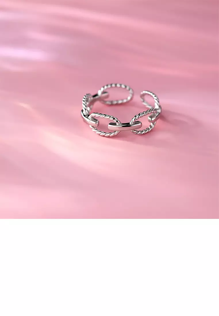 Glamorousky 925 Sterling Silver Simple Personalized Twist Chain Geometric Adjustable Open Ring ...