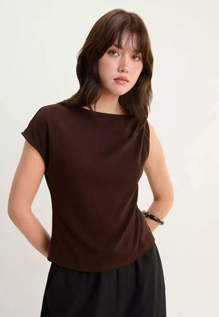 Buy Pomelo Asymmetric Shoulder Detail Top - Brown 2026 Online | ZALORA