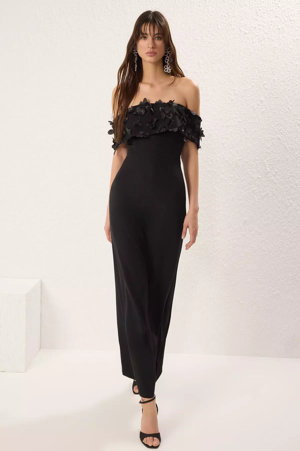 Buy Trendyol Black Carmen Collar Flower Applique Detailed Woven Long ...