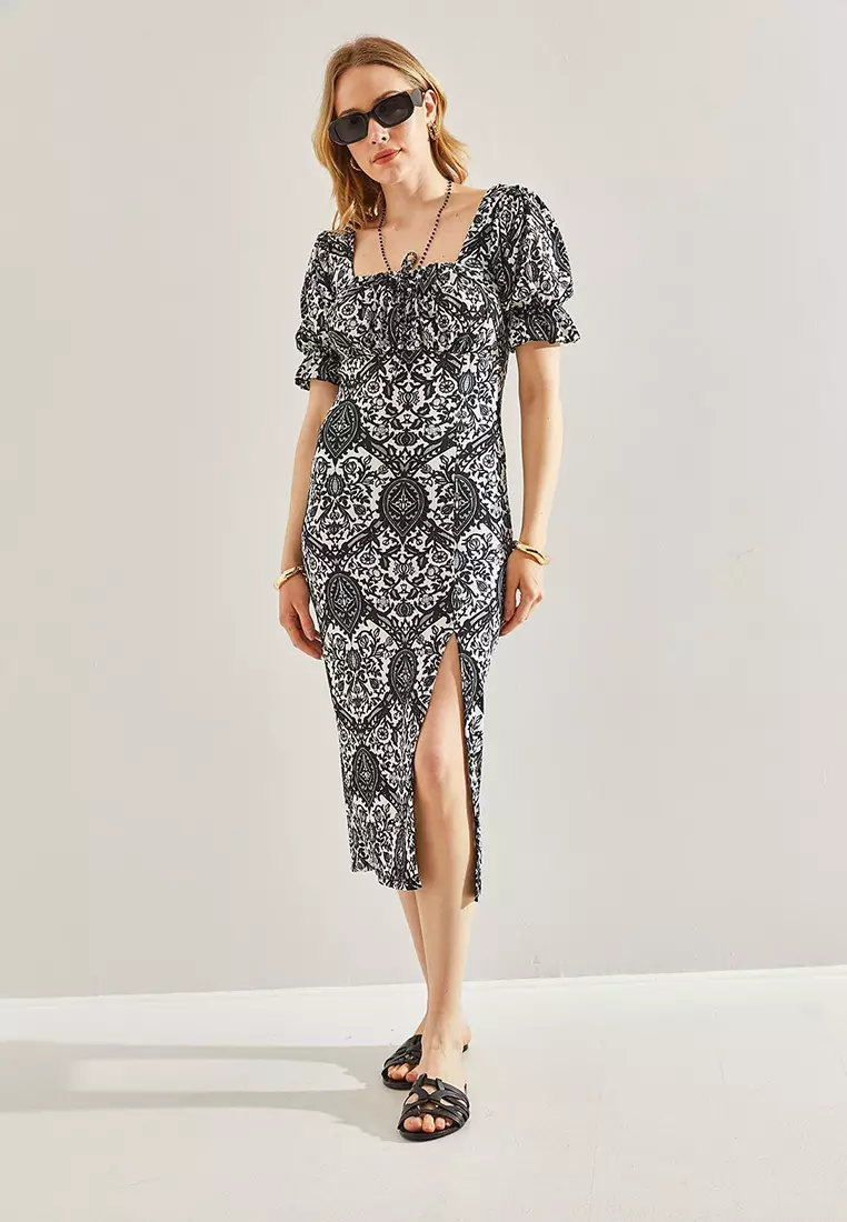 Buy Bianco Lucci Women's Square Neck Tie Front And Slit Dress With ...