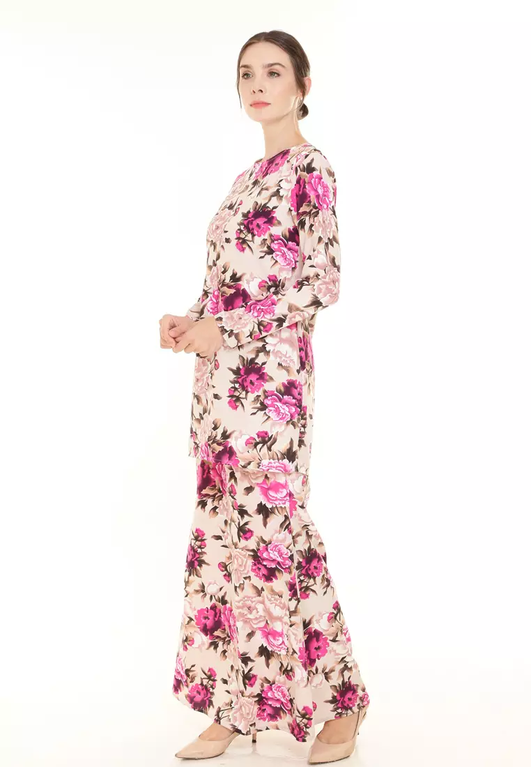 Buy Rina Nichie Couture Rina Printed Kurung in Beige Pink Rose Flower ...