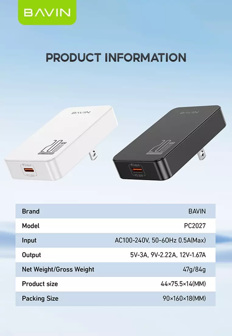 Buy BAVIN BAVIN PC2028 / PC2027 20W Ultra Slim Mini Portable Fast Charger Support PPS PD3.0 AC w ...