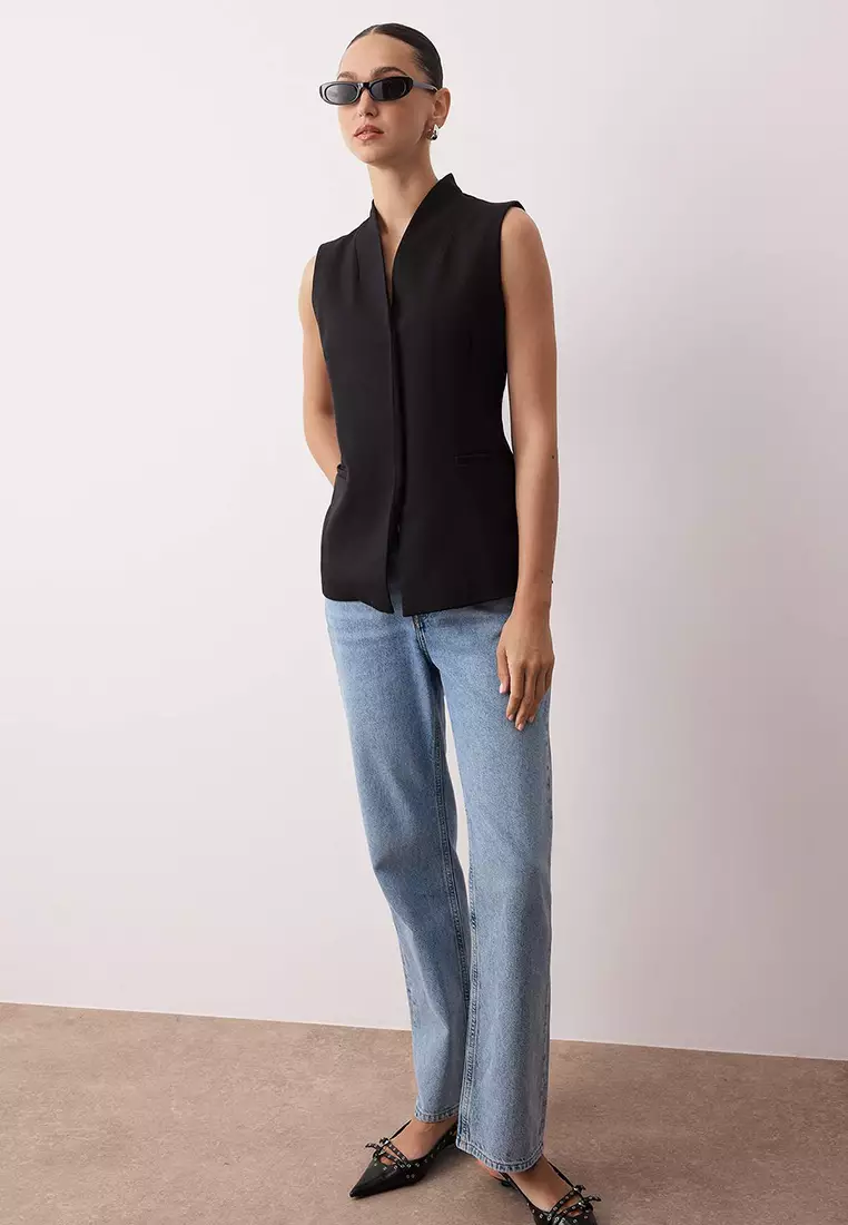 Buy Trendyol Black Hidden Button Stand-Up Collar Woven Vest 2026 Online ...