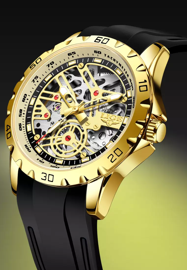 Buy LIGE Automatic Unisex Diver's IP Gold Stainless Steel Self-winding ...
