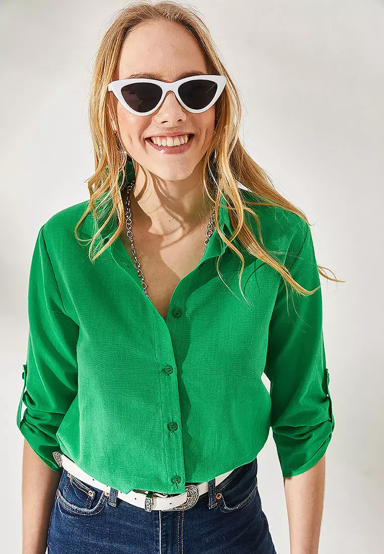 Olalook Grass Green Fold Sleeve Linen Shirt 2025 | Buy Olalook Online ...