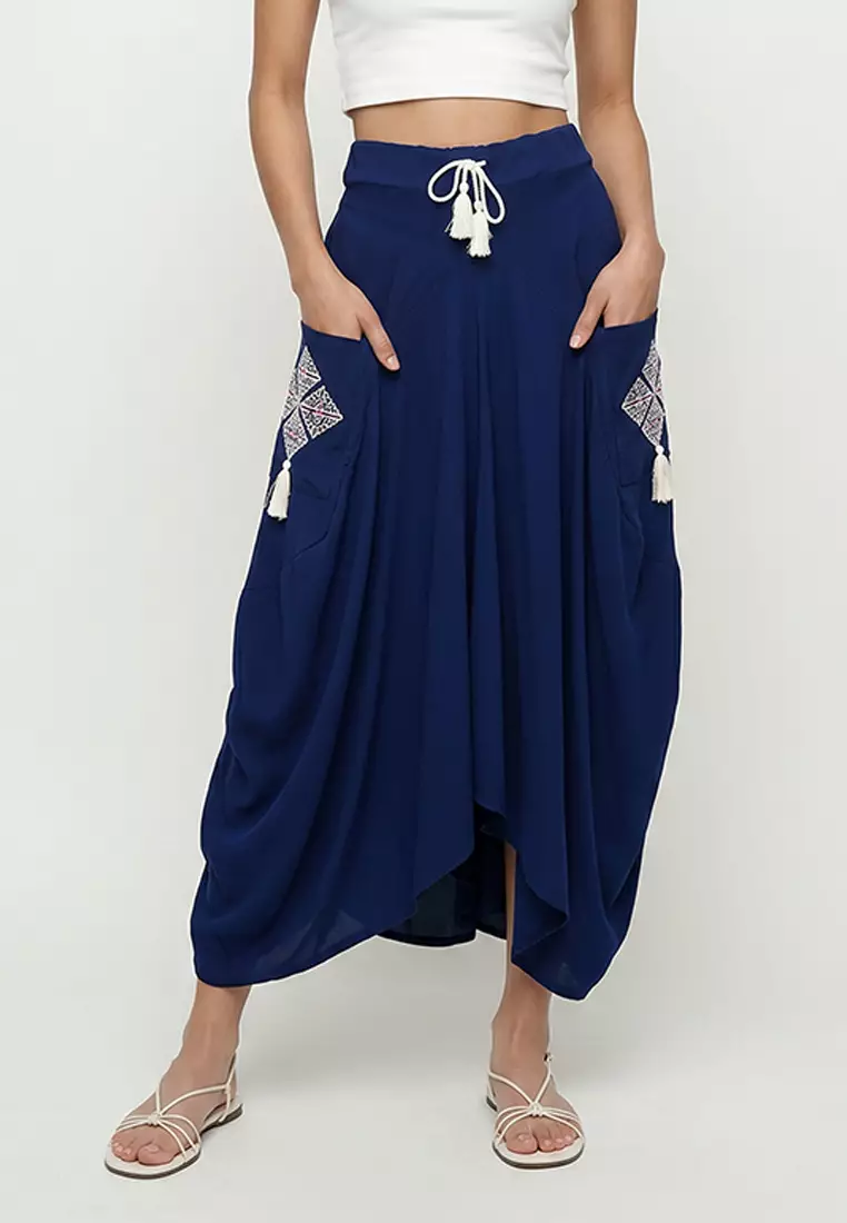 Buy Alacati Women's Navy Blue Embroidered Double Pocket Baggy Cut Woven ...