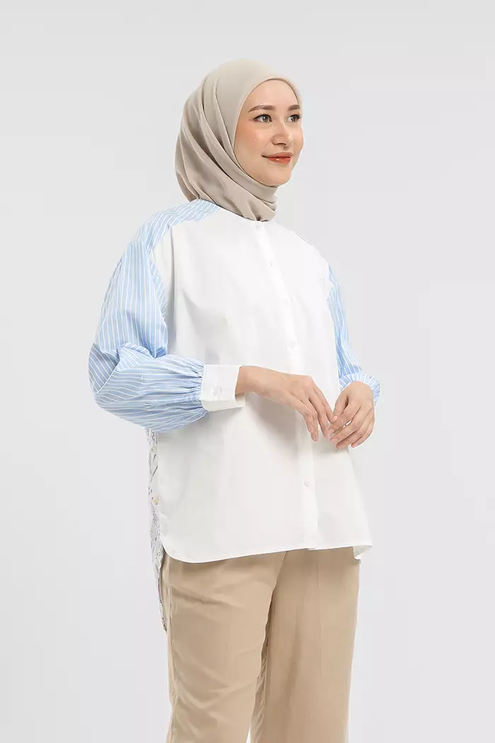 Jual Syaline Hijab Syaline Hijab - Atasan Blouse Wanita Bahan Katun Poplin - Hana Blouse Blue ...