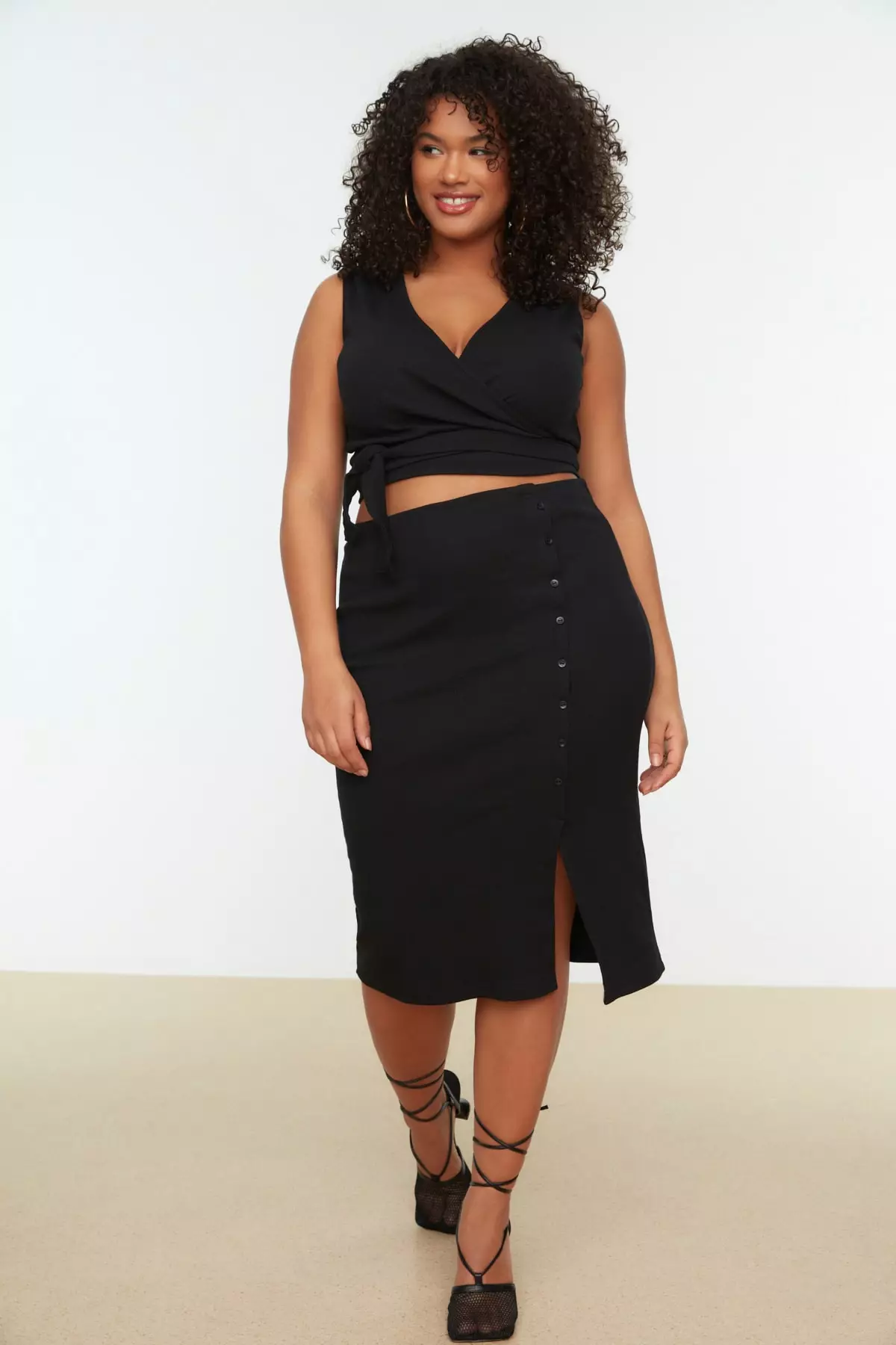 Buy Trendyol Plus Size Wrap Top and Midi Bottom Set 2025 Online | ZALORA