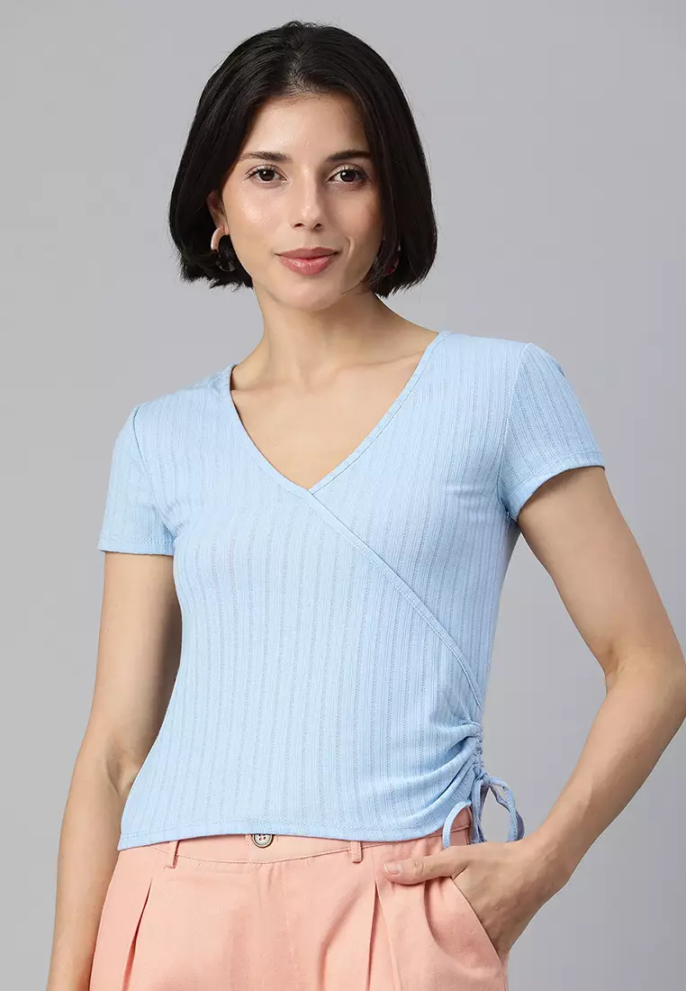 London Rag Periwinkle Blue Solid Rib Knit Wrap Top 2024 | Buy London ...