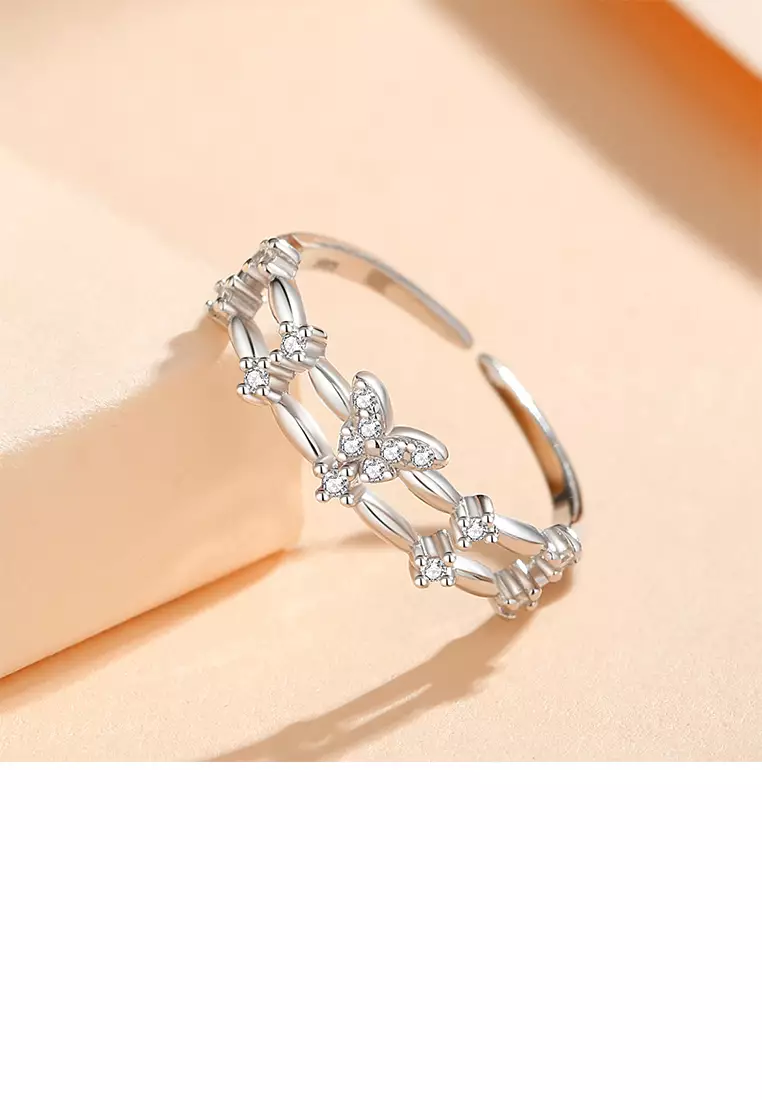 Buy SOEOES 925 Sterling Silver Simple Temperament Butterfly Double Layer Adjustable Open Ring ...
