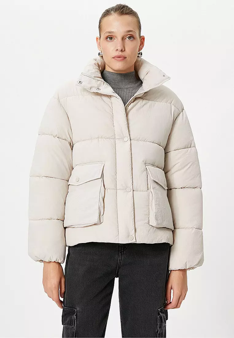 Buy KOTON Short Down Coat High Neck Big Pocket Snap Fastener Online ...