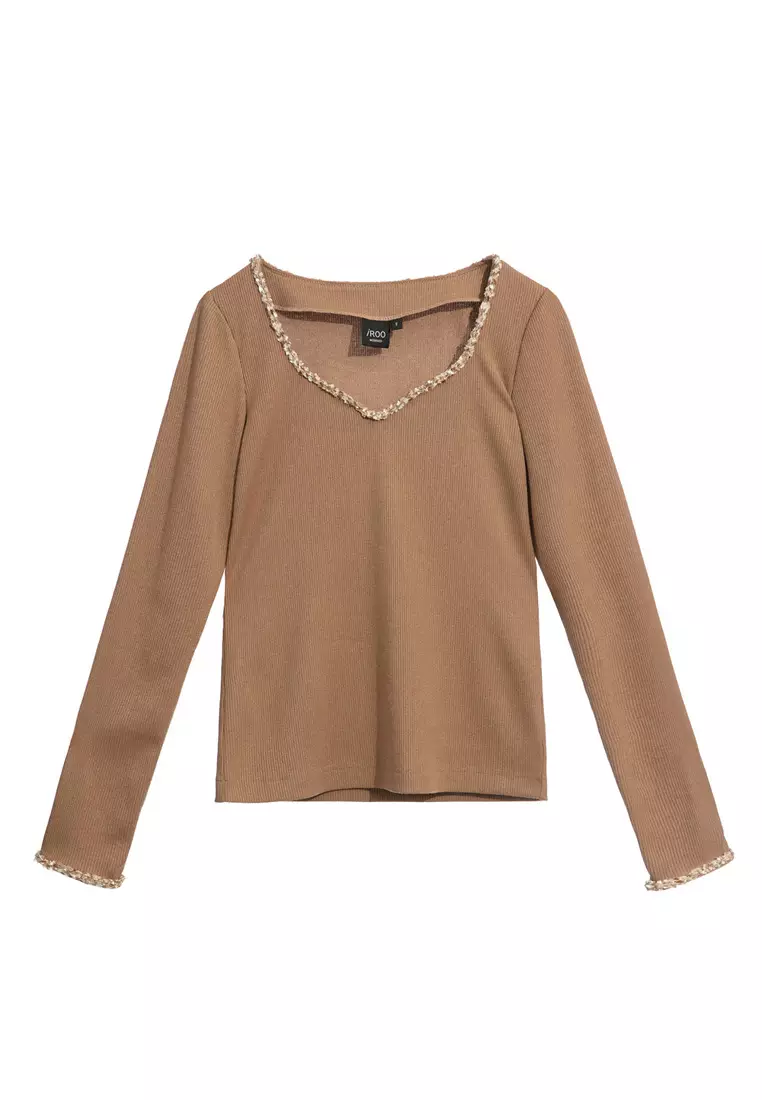 Buy iROO Long Sleeve Top With Contrast Trim 2026 Online | ZALORA ...