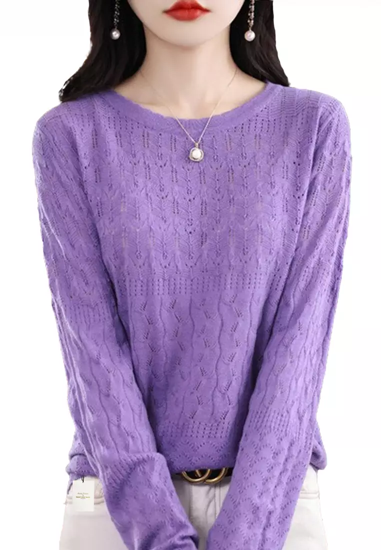 HAPPY FRIDAYS Artificial Wool Hollow Out Pattern Long Sleeves Pullover ...