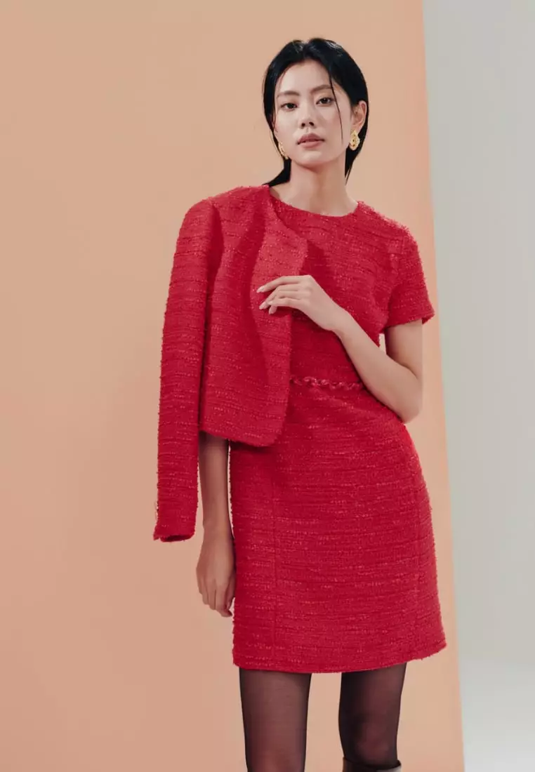 Buy G2000 Red Tweed Fitted Round Neck Dress 2025 Online | ZALORA